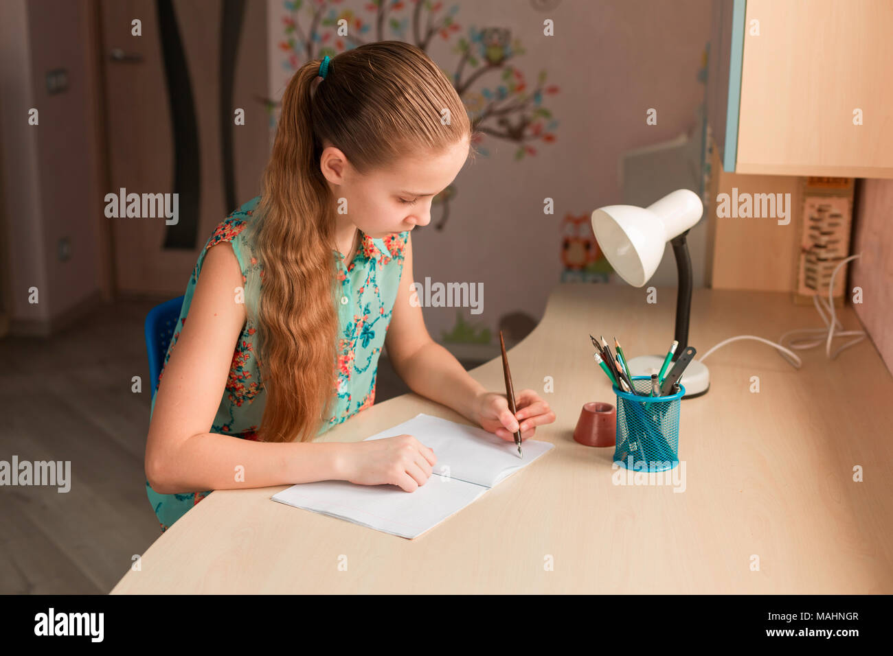 Cute little girl writing her homework at the table, left-handed Stock ...