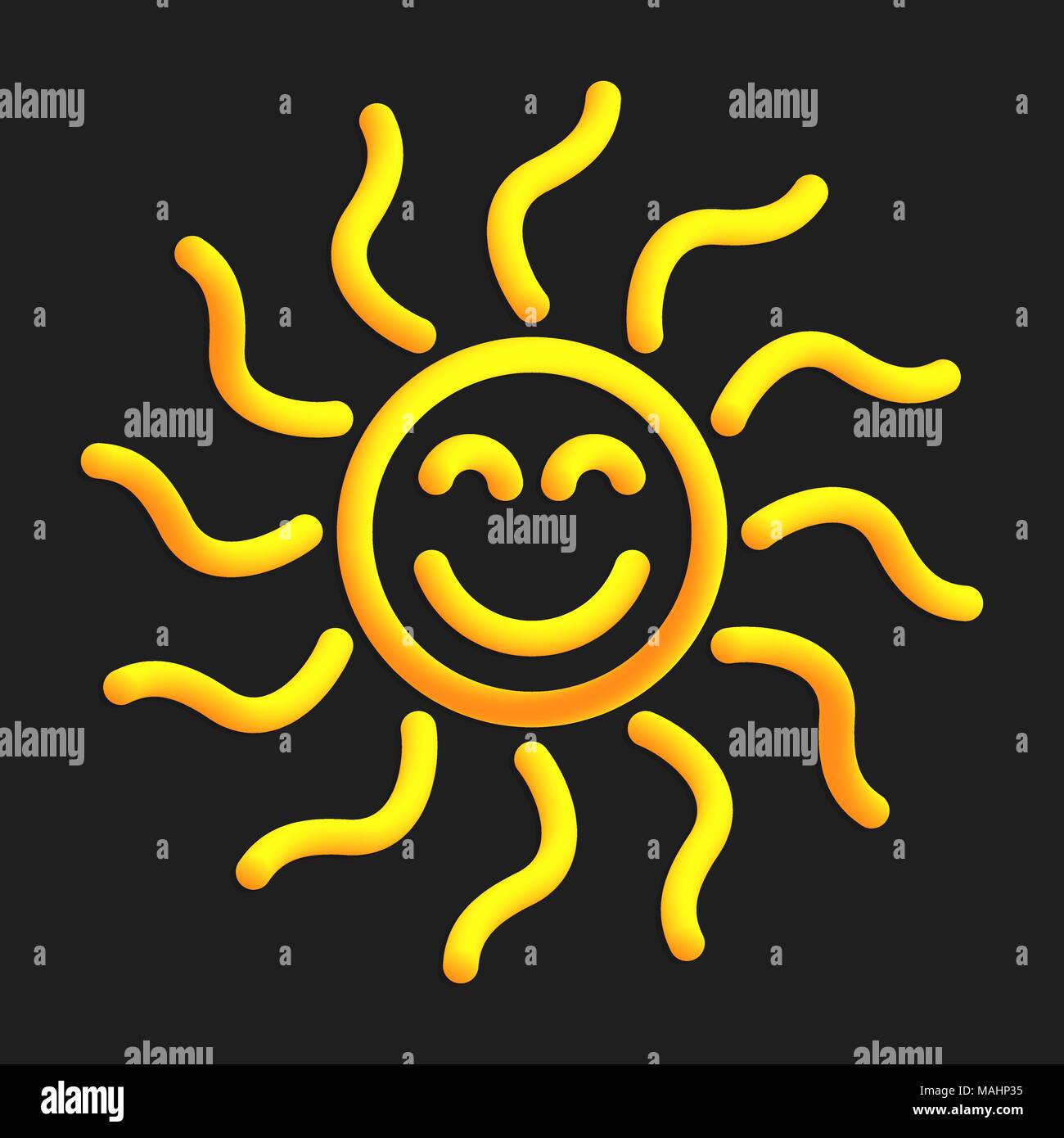 Sun with flexible rays in 3d style. Vector illustration of yellow sun ...