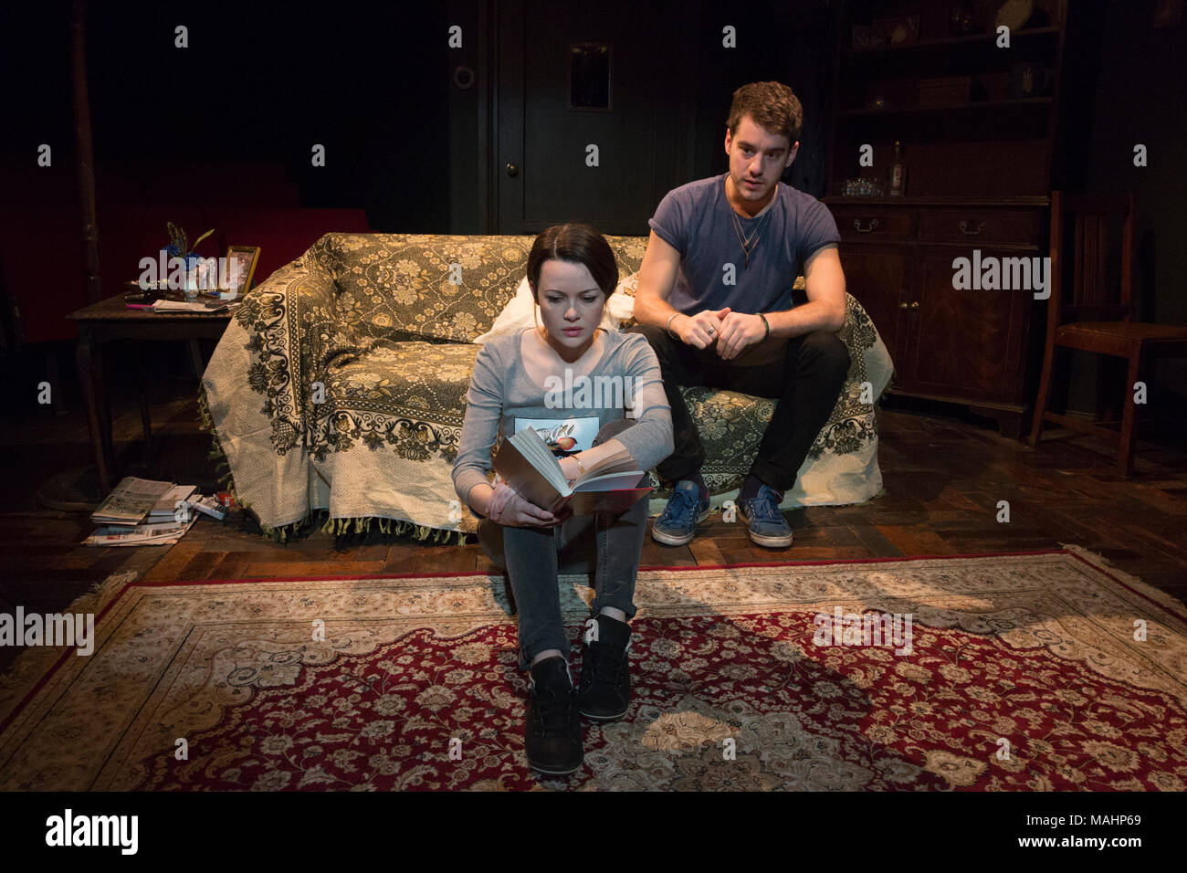 London, UK. 8 January 2015. Lisa Diveney as Sasha and Alex Large as Tom ...