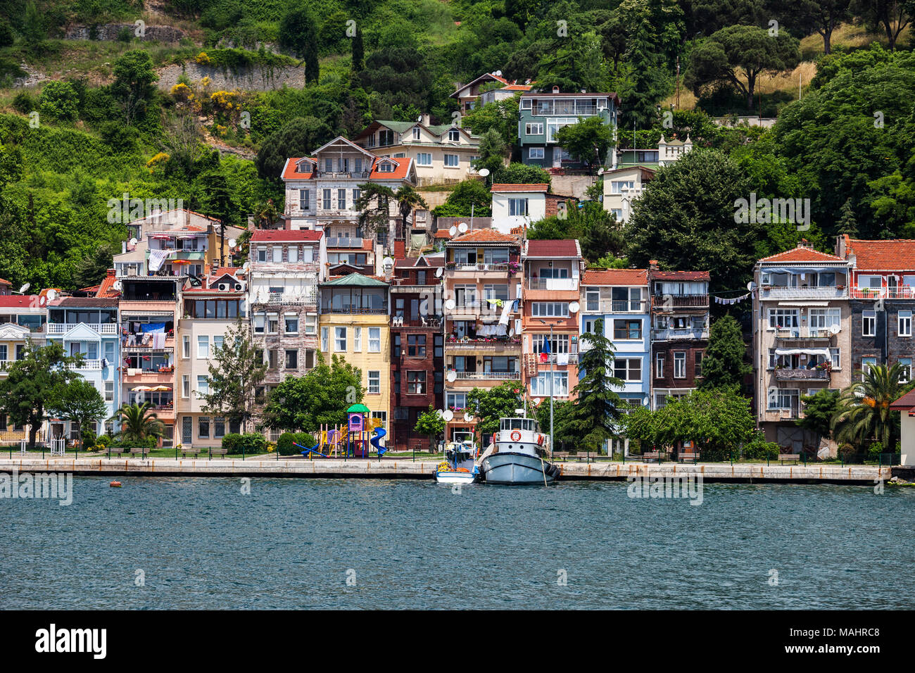 Turkey, city of Istanbul, Bosphorus Strait waterfront houses on hill ...