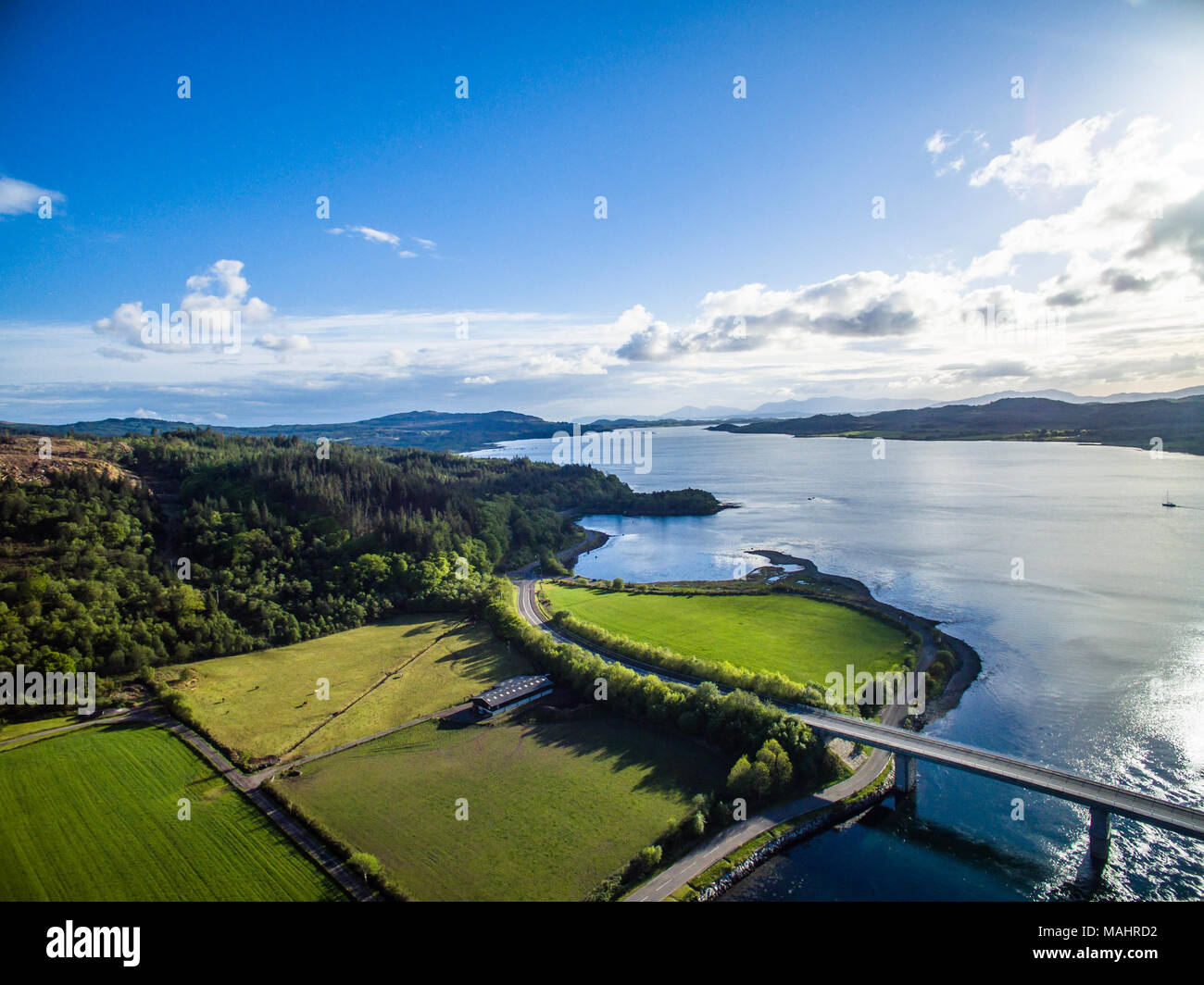 Aerial view of Loch Creran by the Loch Creran bridge, Argyll, Scotland ...