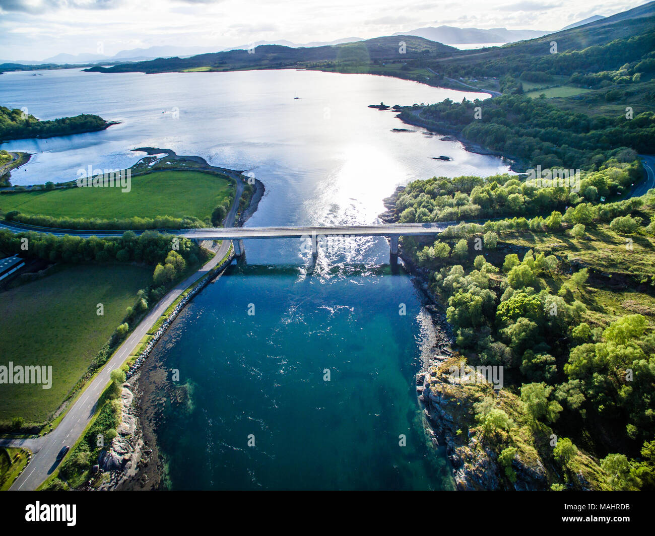 Aerial view of Loch Creran by the Loch Creran bridge, Argyll, Scotland ...
