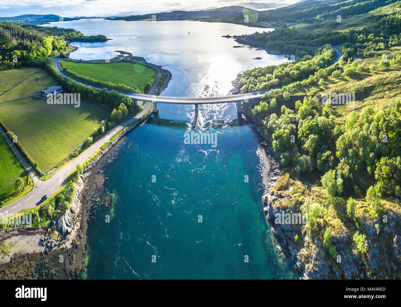 Aerial view of Loch Creran by the Loch Creran bridge, Argyll, Scotland ...