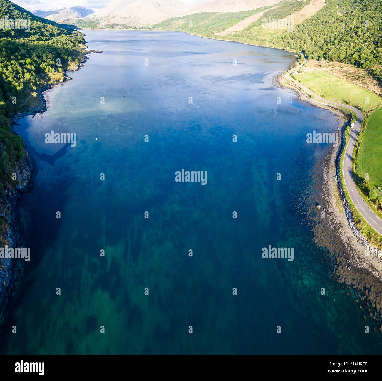 Aerial view of Loch Creran by the Loch Creran bridge, Argyll, Scotland ...