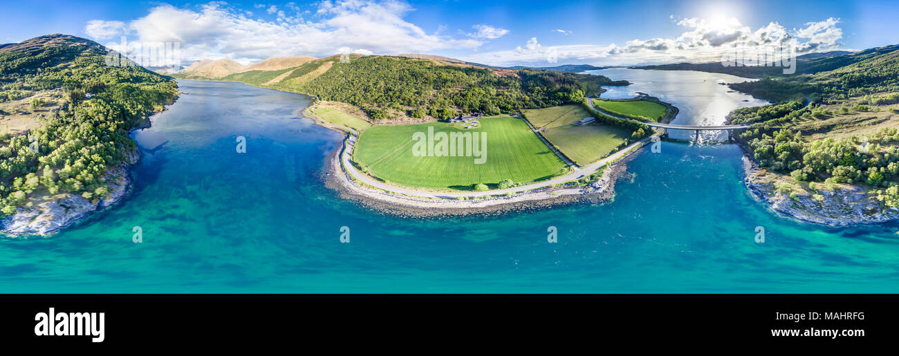 Aerial view of Loch Creran by the Loch Creran bridge, Argyll, Scotland ...