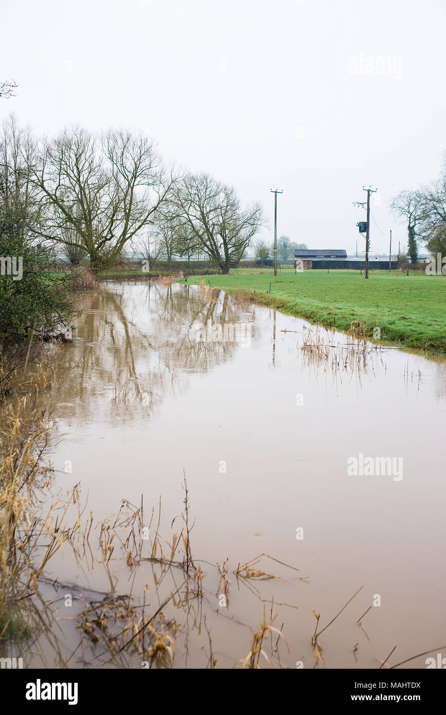 High water levels from a river causing flooding, brought on by climate ...