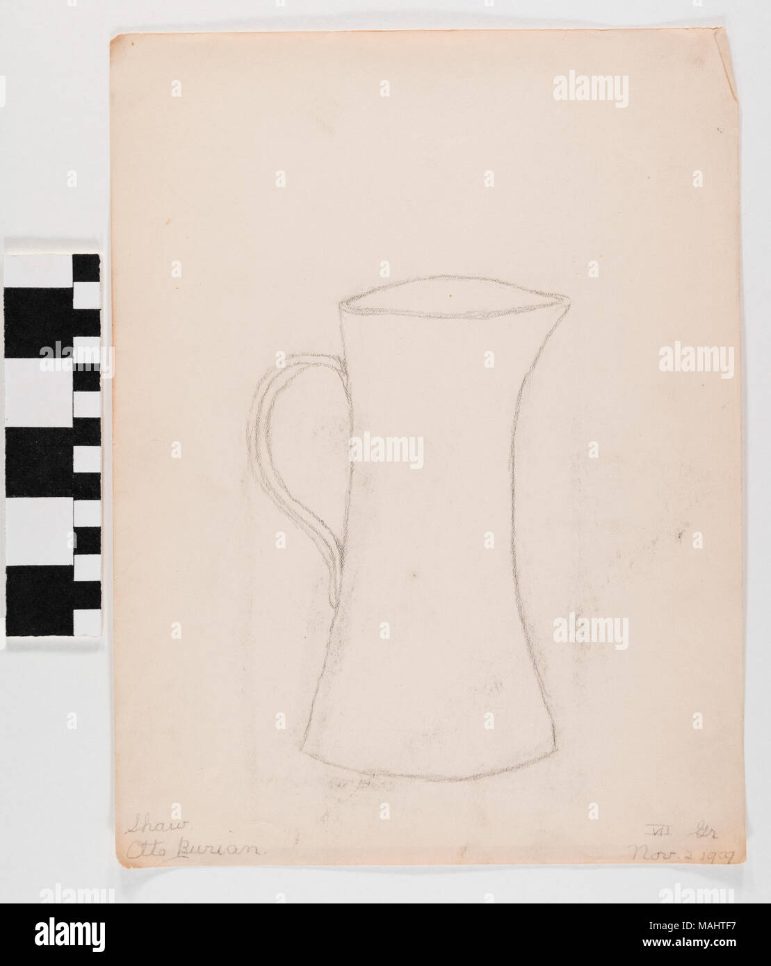 Pencil drawing on paper of tall pitcher with large handle. Title ...