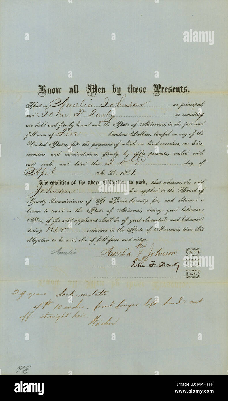Title: Amelia Johnson Free Negro Bond . 20 April 1861. County Court of ...