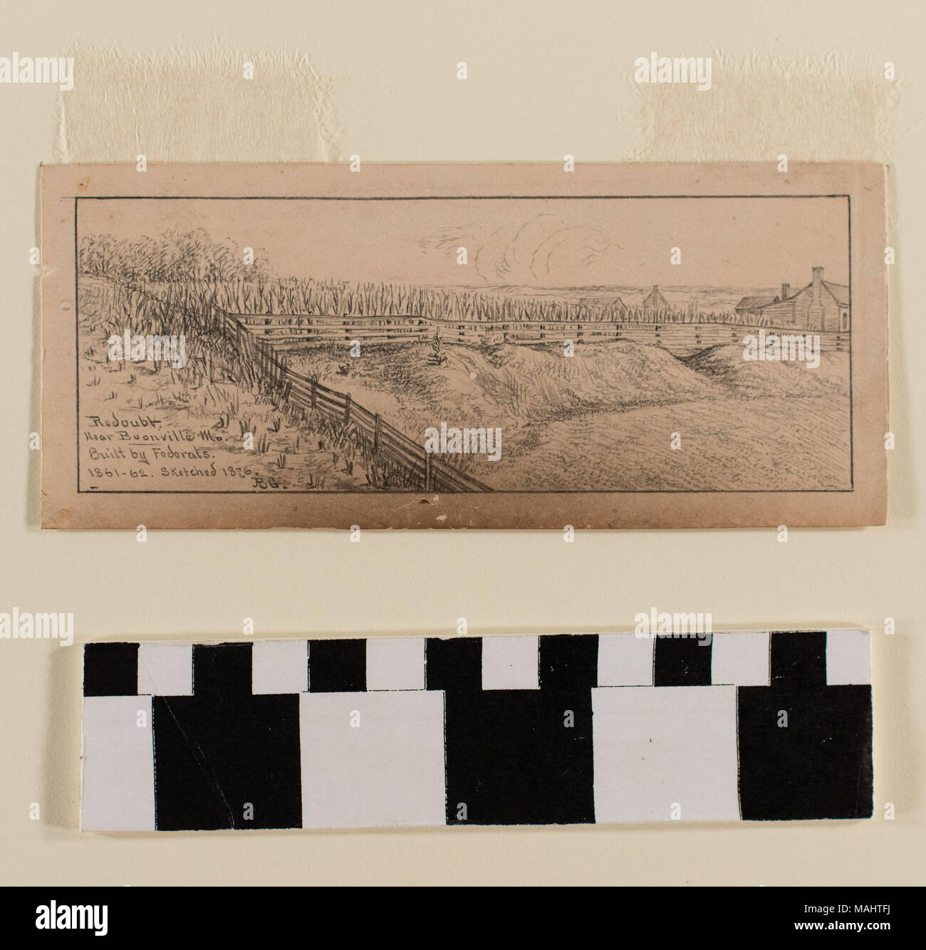 Pencil drawing on paper of the 'Redoubt Near Boonville, Mo. Built by ...