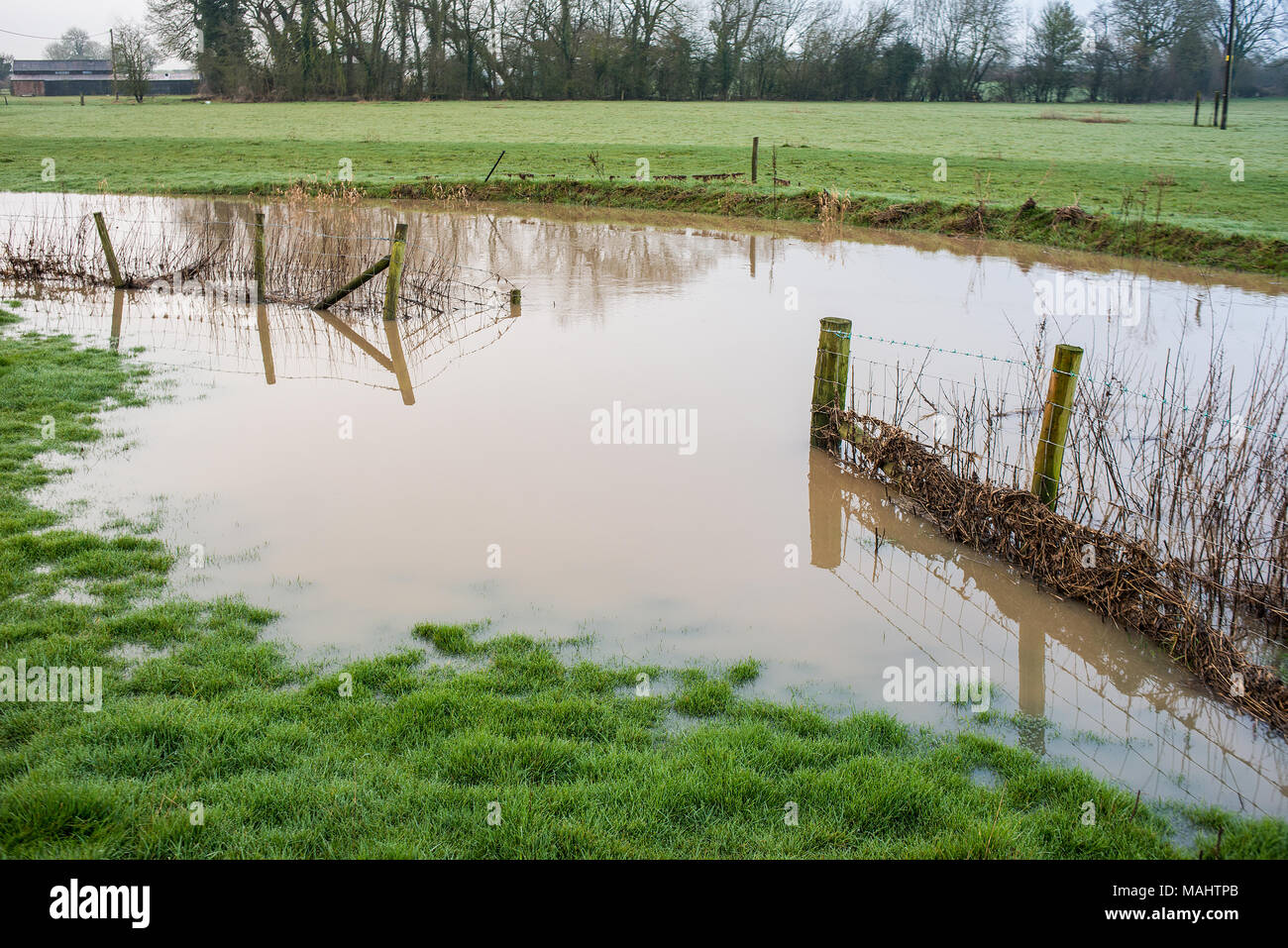High water levels from a river causing flooding, brought on by climate ...