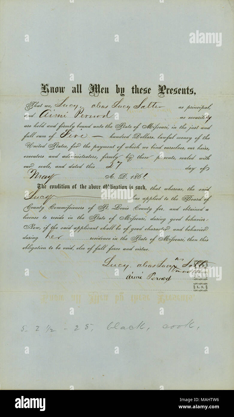 Title: Lucy alias Lucy Salter Free Negro Bond . 27 May 1861. County ...