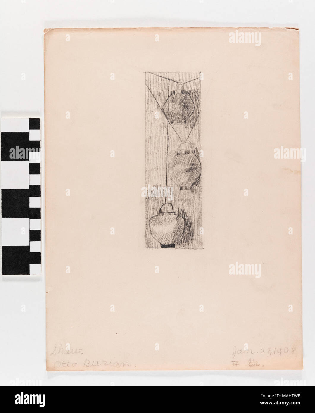 Pencil drawing of three hanging lamps on paper. Title: Drawing 'Lamps ...