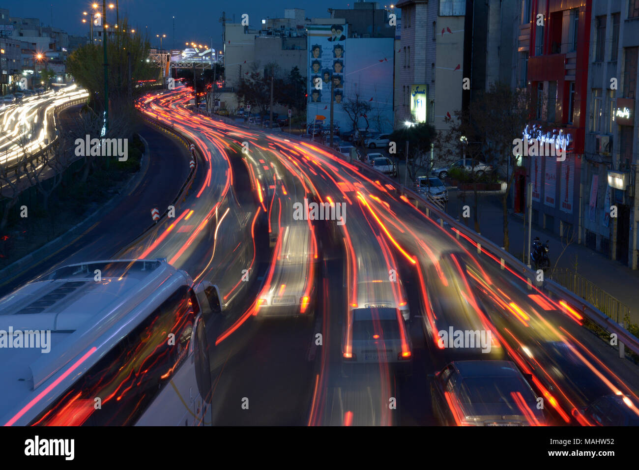 Tehran, IRAN - March 15, 2018 Car light traces from moving cars on ...