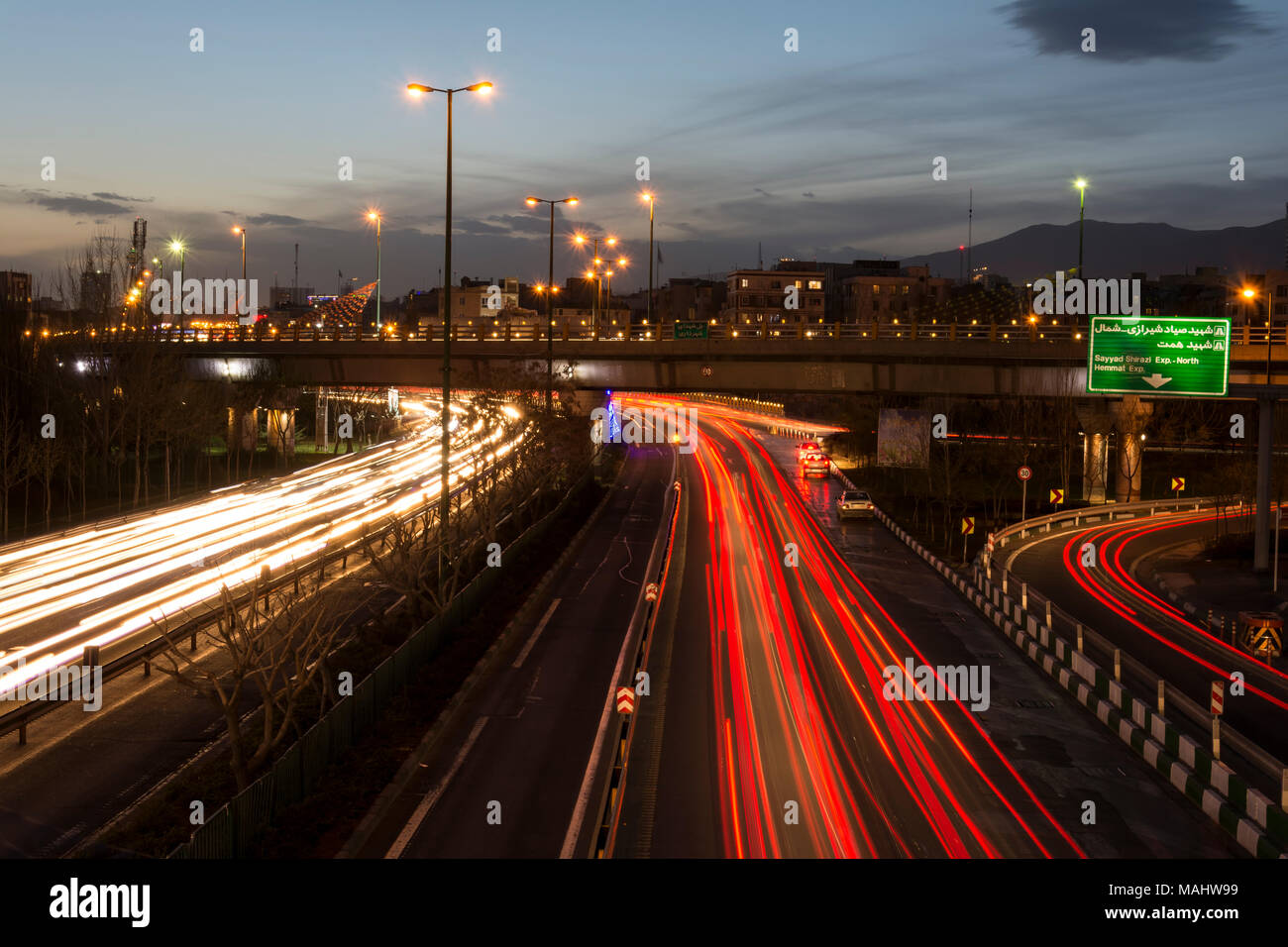 Tehran, IRAN - March 15, 2018 Car light traces from moving vehicle at ...