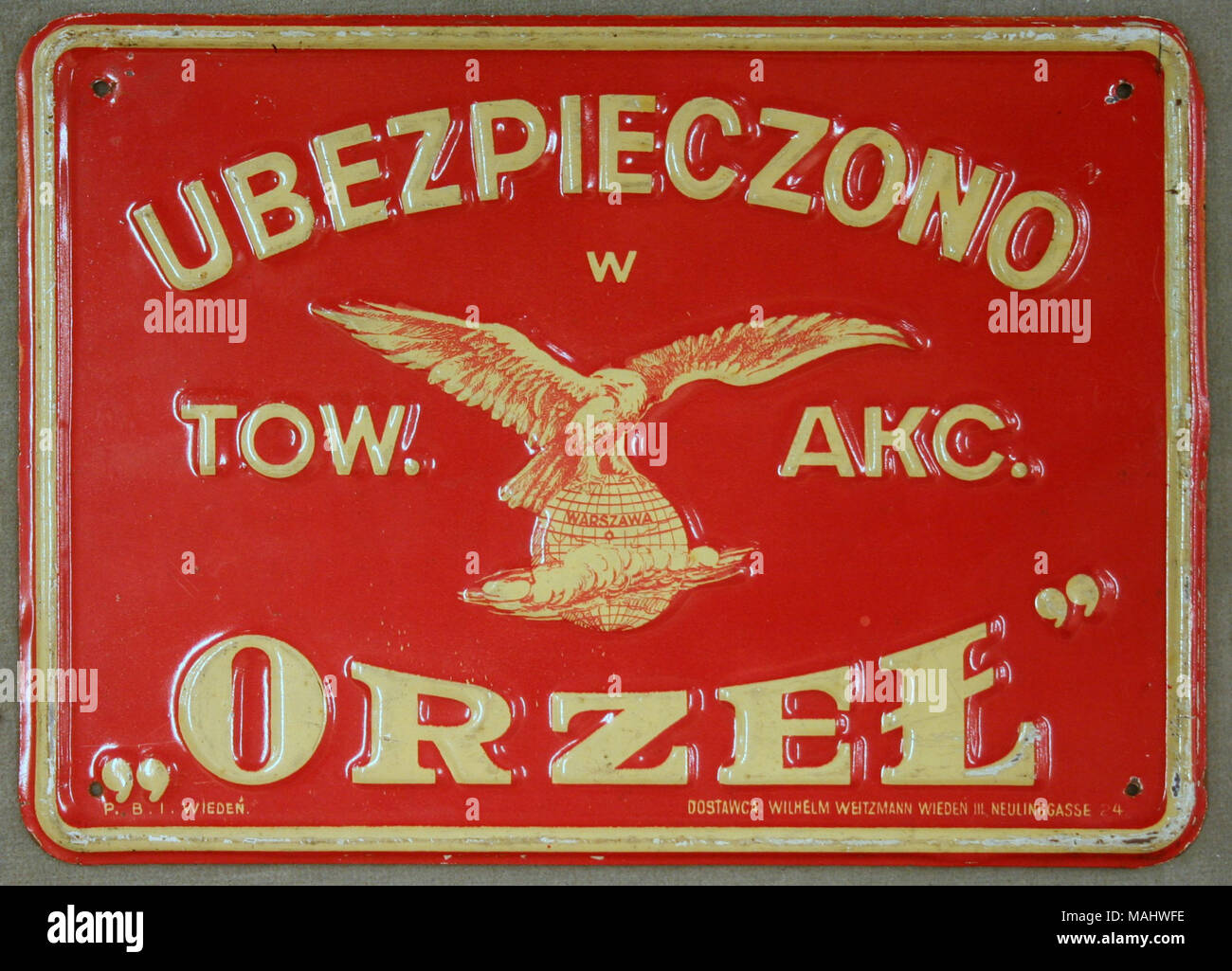 Pressed tin firemark for Orzel in Warsaw, Poland showing eagle with ...
