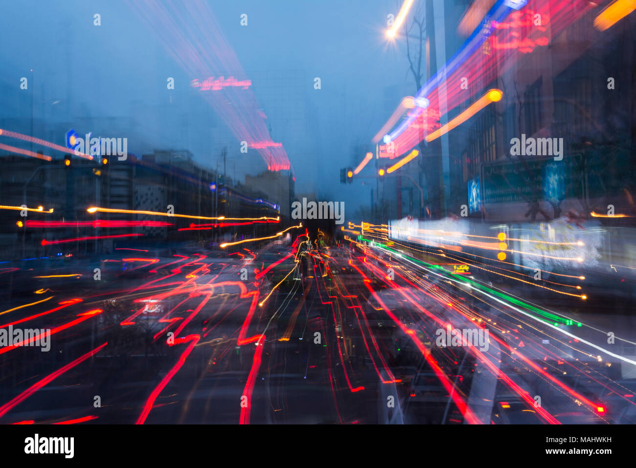 Tehran, IRAN - March 14, 2018 Tehran cityscape, colorful car lights ...