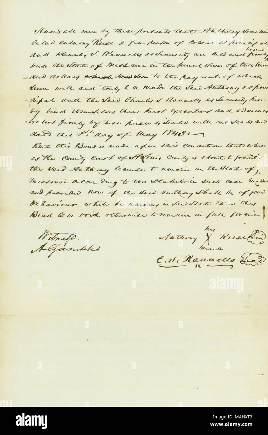 Title: Anthony Reese Free Negro Bond . 1 May 1843. County Court of St ...