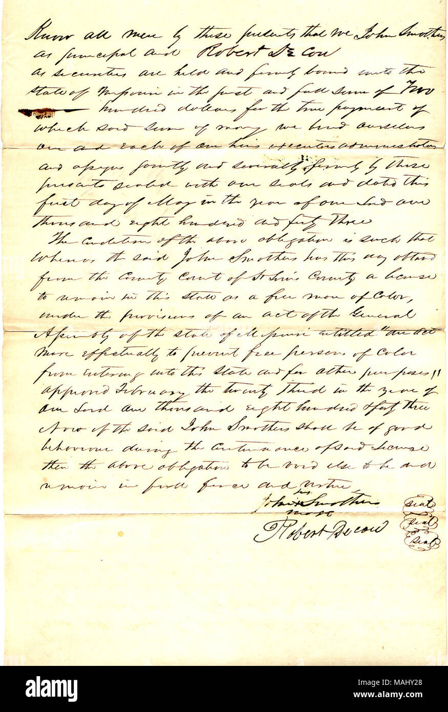 Title: John Smothers Free Negro Bond . 1 May 1843. County Court of St ...