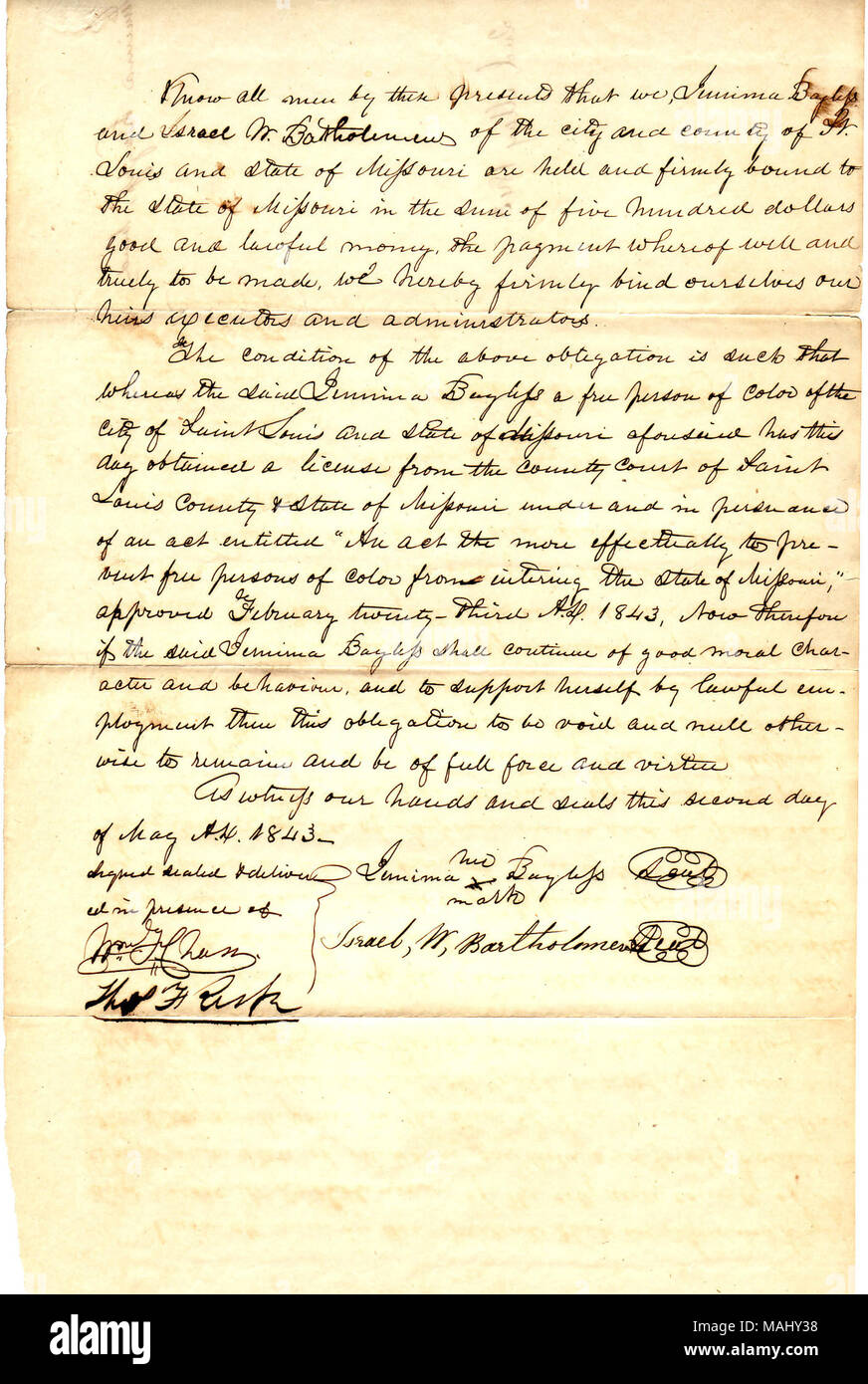 Title: Jemima Bayless Free Negro Bond . 2 May 1843. County Court of St ...