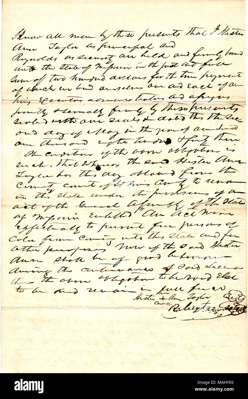 Title: Hester Ann Taylor Free Negro Bond . 2 May 1843. County Court of ...