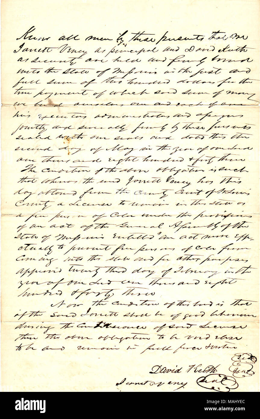 Title: Jarrett Veney Free Negro Bond . 2 May 1843. County Court of St ...