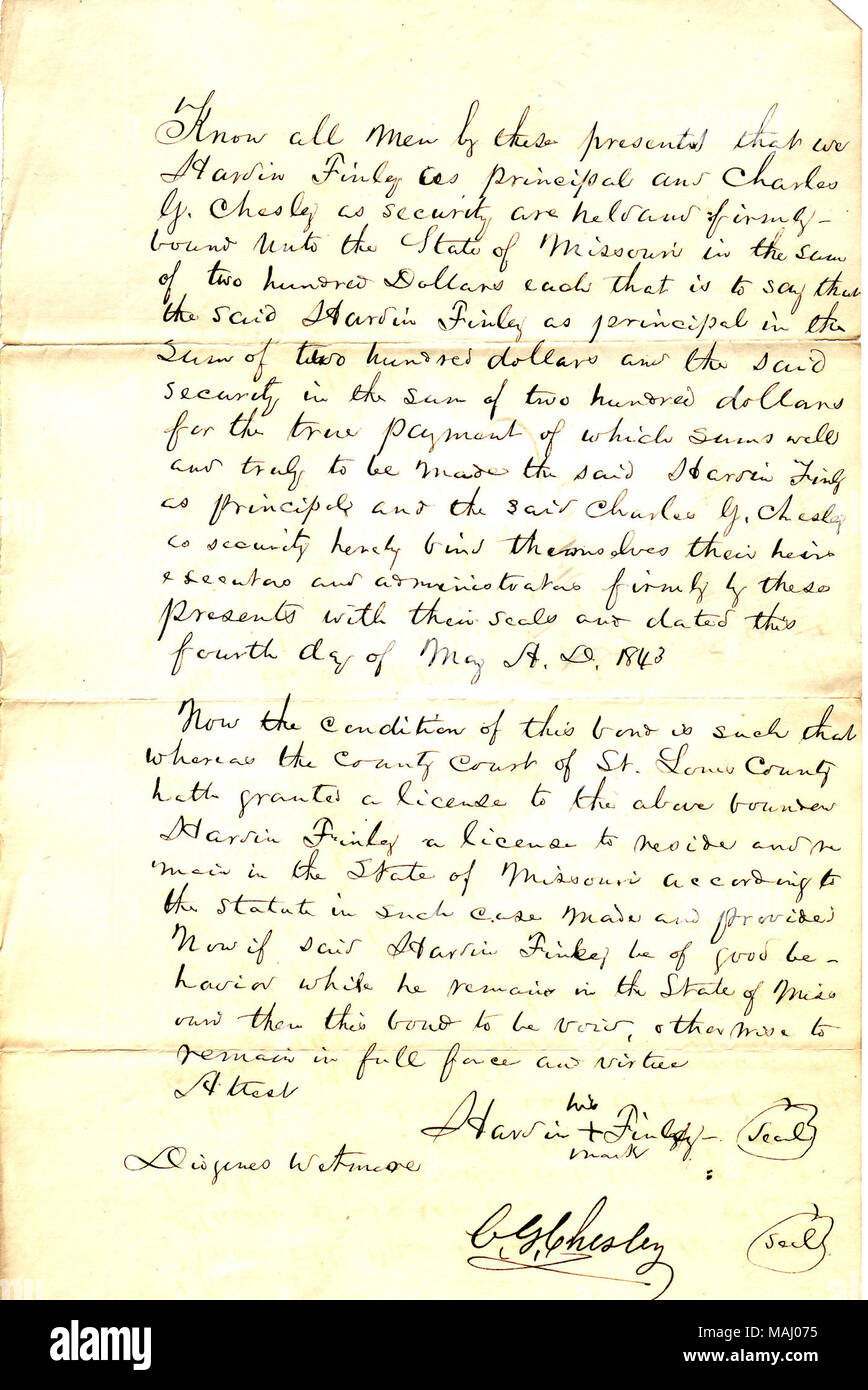 Title: Hardin Finley Free Negro Bond . 4 May 1843. County Court of St ...