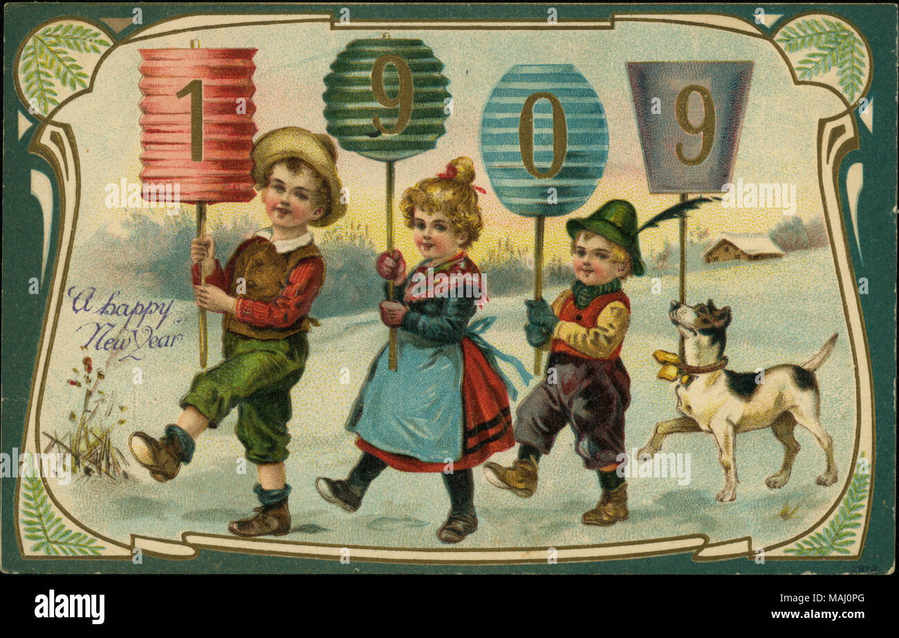 Title: 1909 New Year postcard showing three children and a dog holding ...