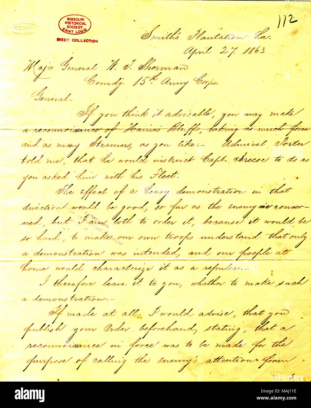 Suggests that Sherman make a reconnaissance of Haines' Bluff. Title ...
