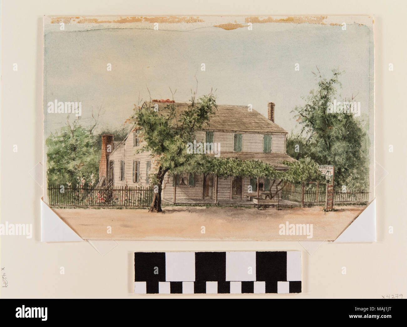 Watercolor painting on cardboard of a white 2 story home with trees ...