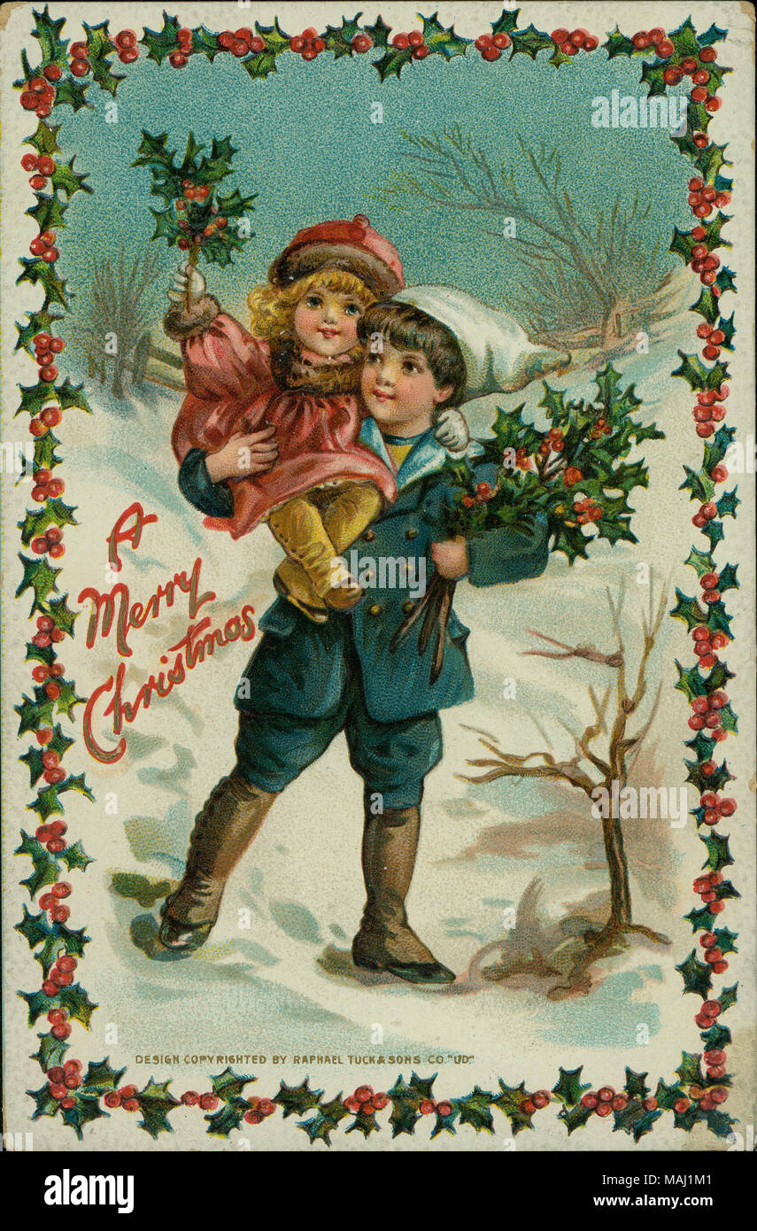 Christmas postcard with young boy carrying sheaf of holly in one arm and little girl, also ...