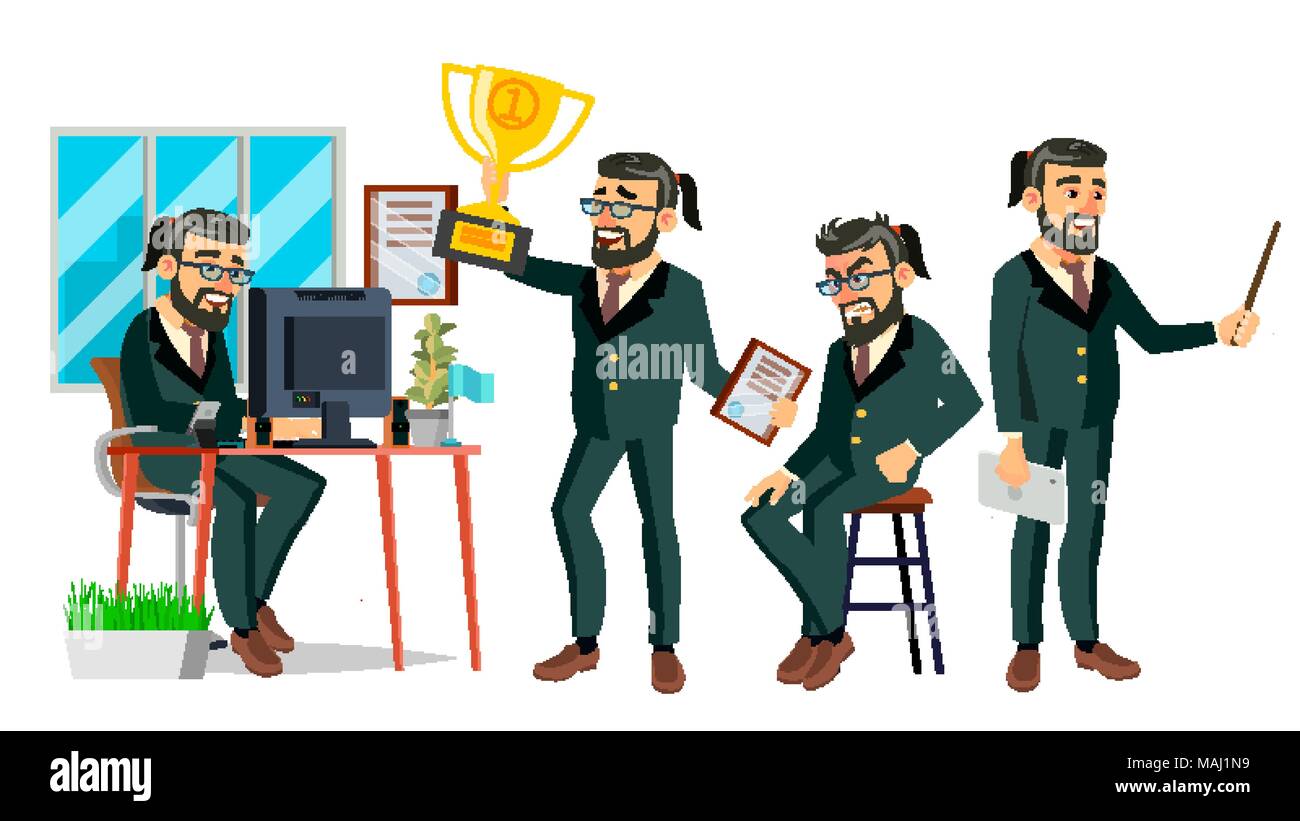Boss Character Vector. Bearded. Environment Process In Office. Various ...