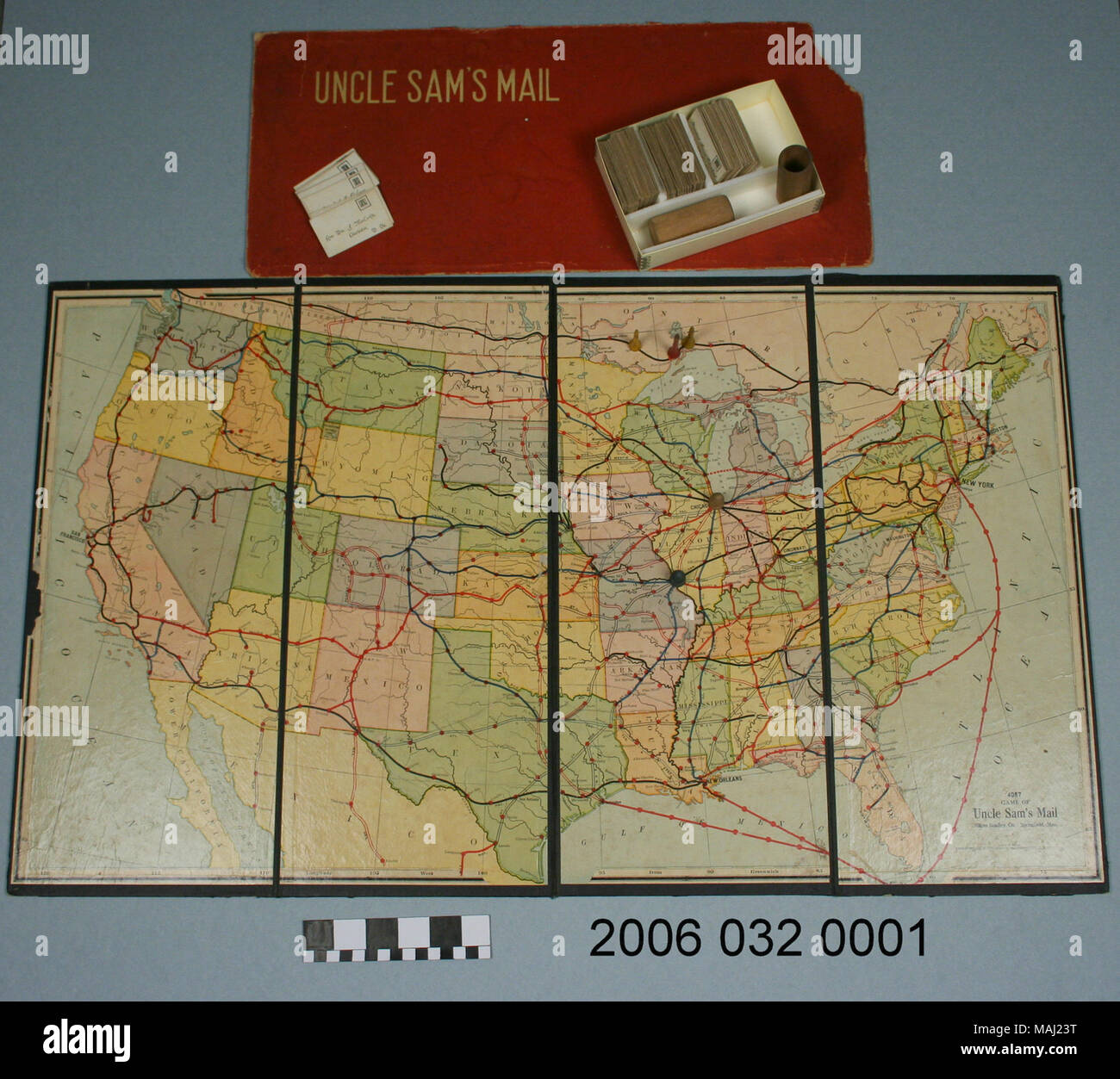 Uncle Sam's Mail board game. Board, cards, markers, shakers, box lid ...
