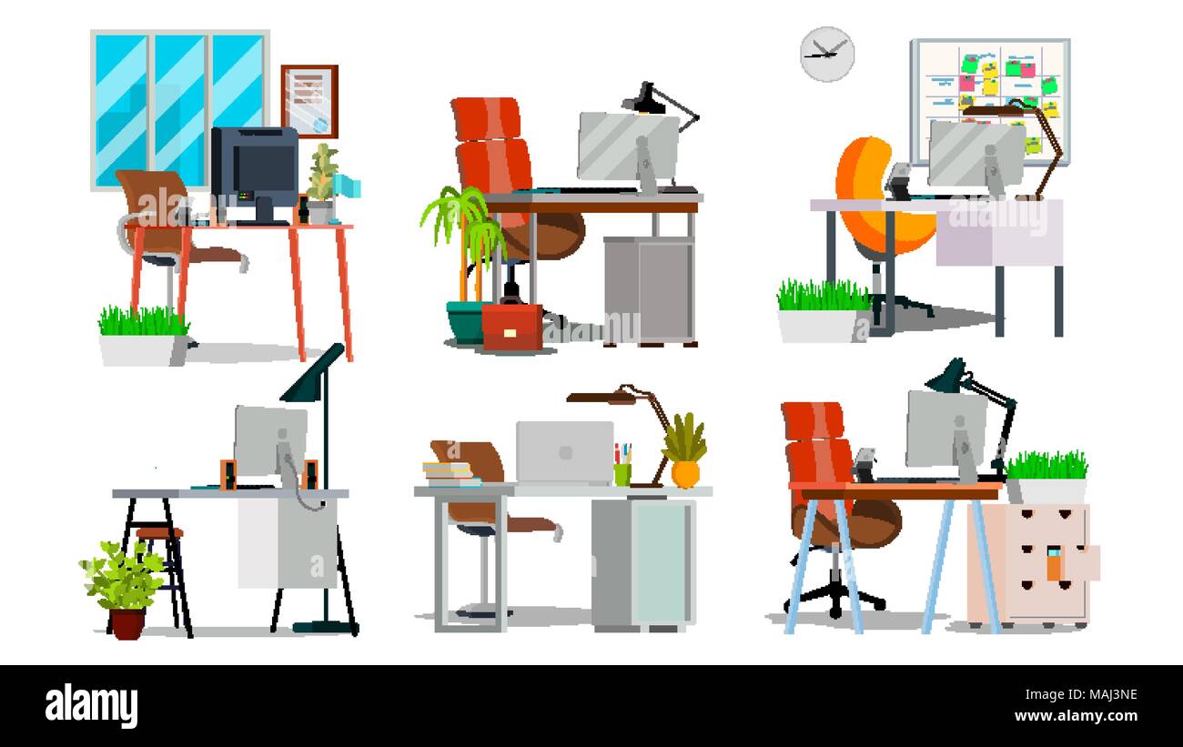 Office Workplace Interior Set Vector. Interior Of The Office Room ...
