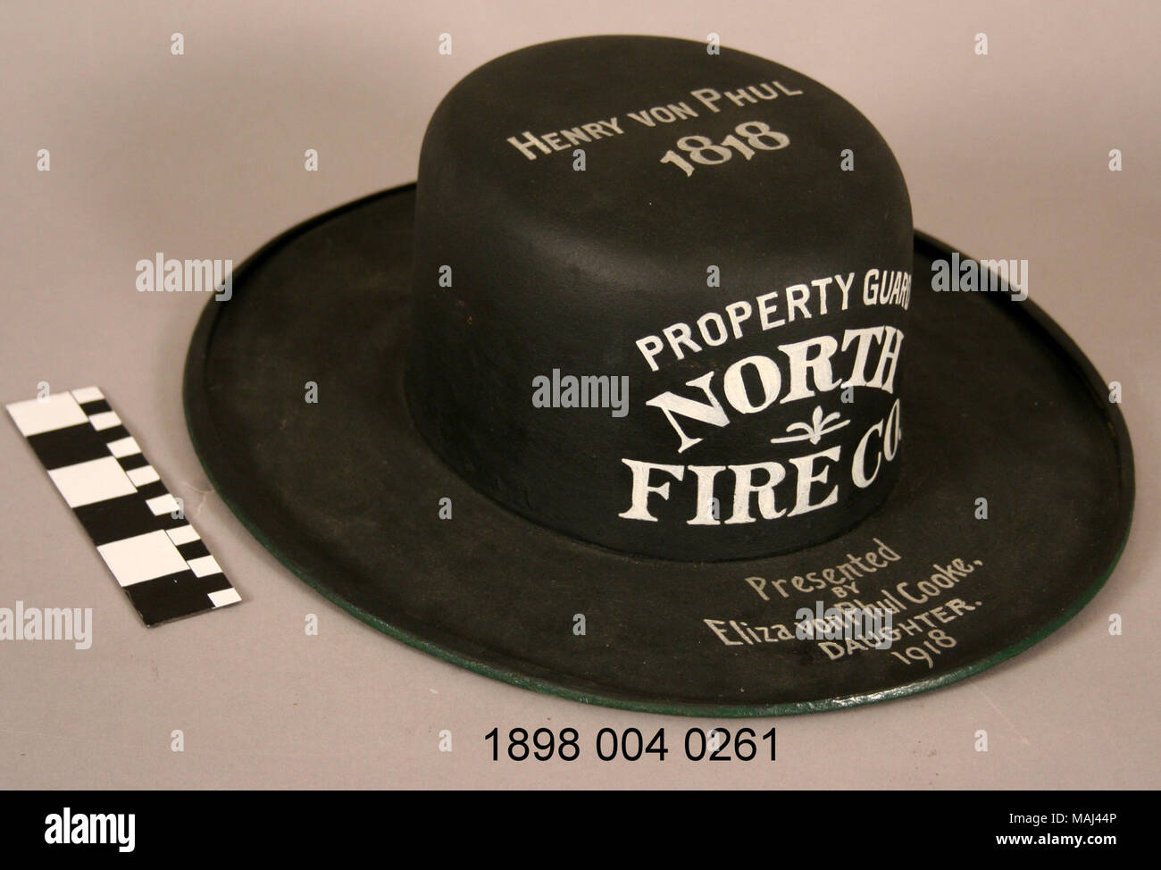 Black painted felt fire hat worn by Henry von Phul of North Fire Co ...