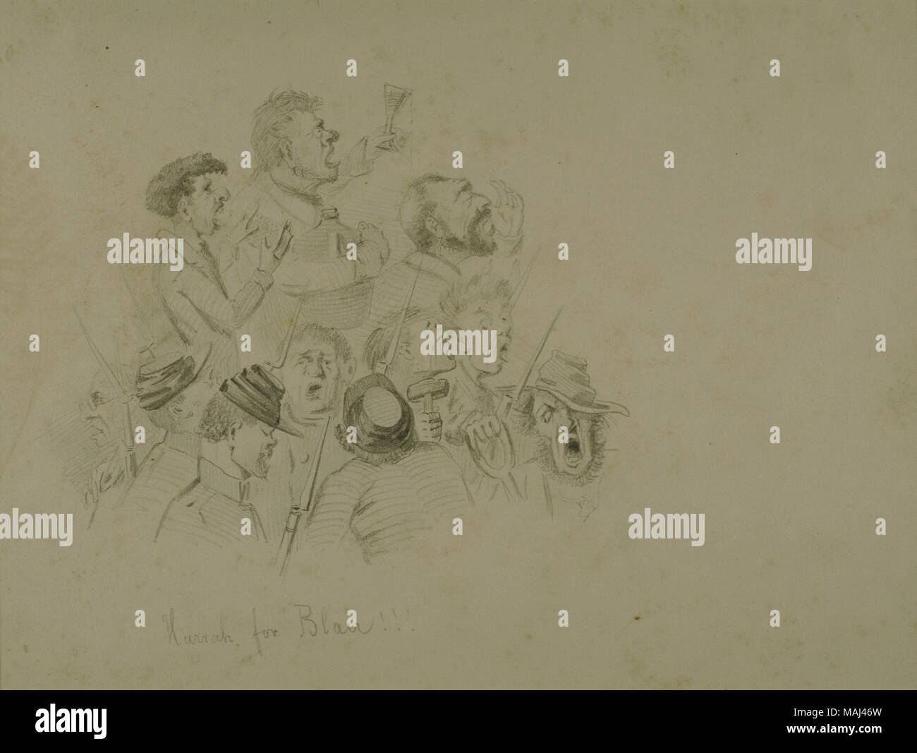 A pencil sketch depicting a raucous crowd reacting to a speech by Frank ...