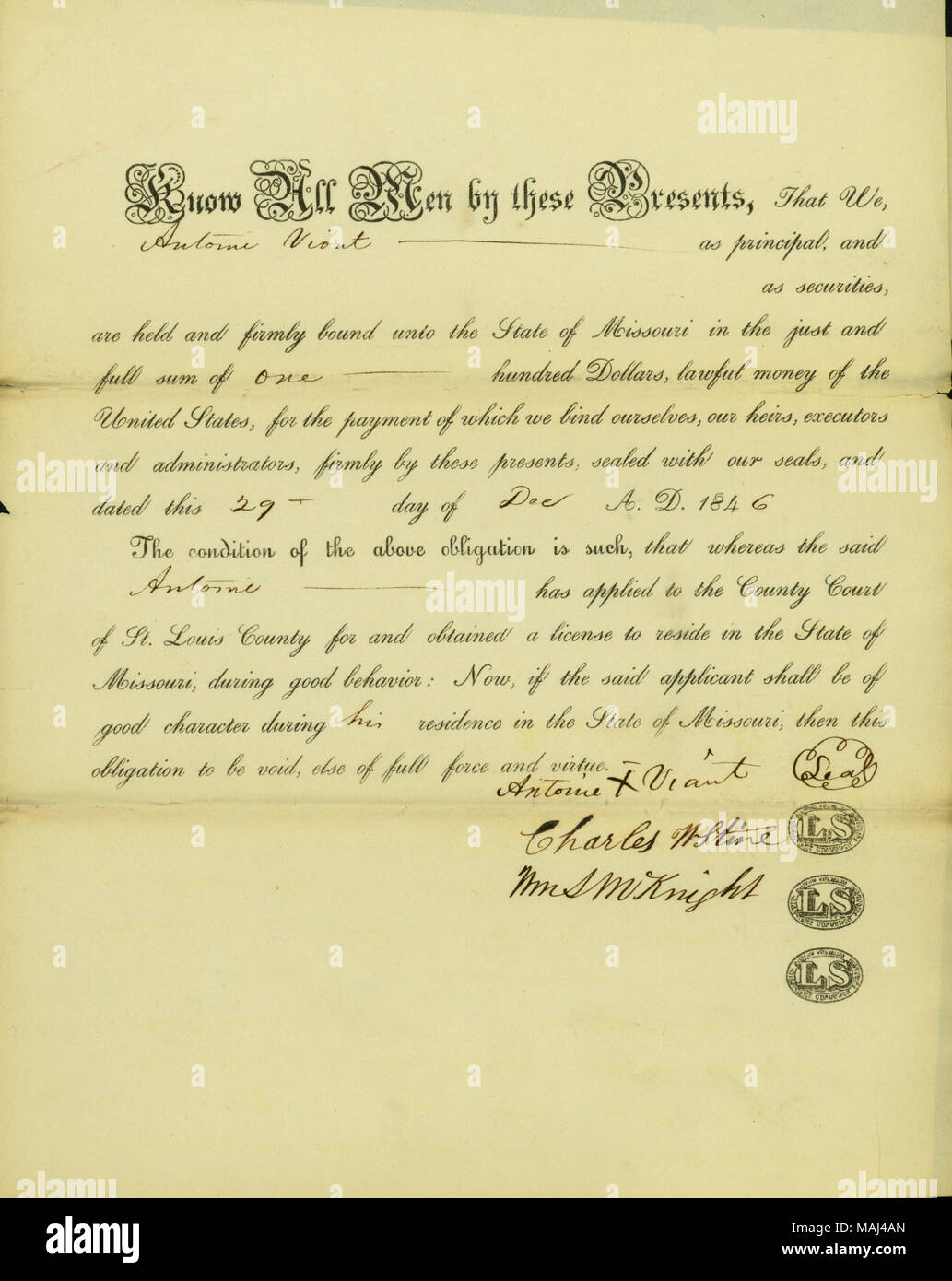 Title: Antoine Viont Free Negro Bond . 29 December 1846. County Court ...