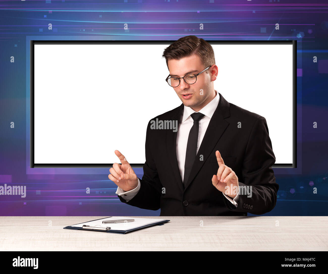 Television program host with big copy screen in his back concept Stock ...