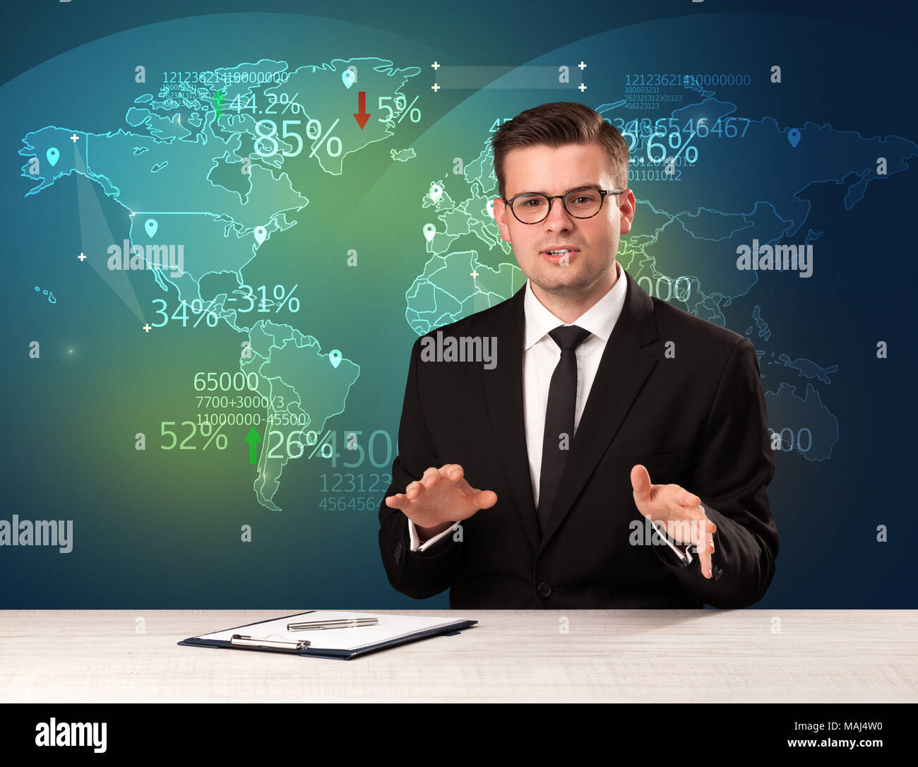 Trade market analyst is studio reporting world trading news with map ...
