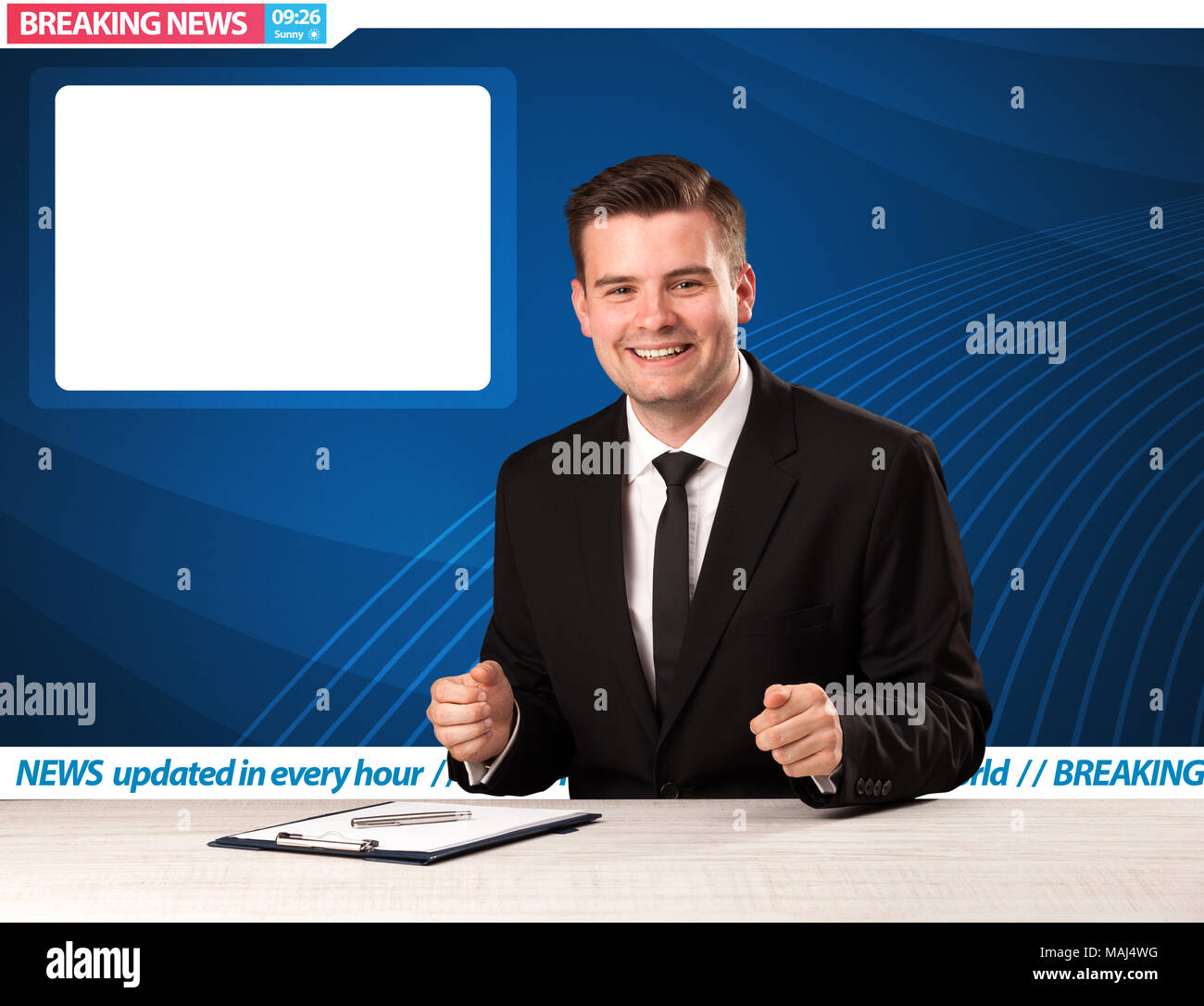 Television reporter telling breaking news at his studio desk with copy ...