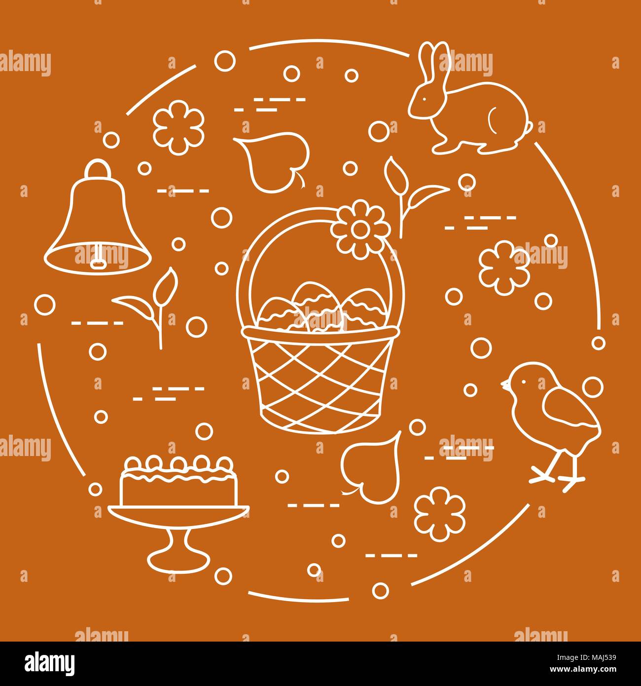 Easter symbols. Simnel cake, basket, eggs, bell, rabbit, chick, flowers ...
