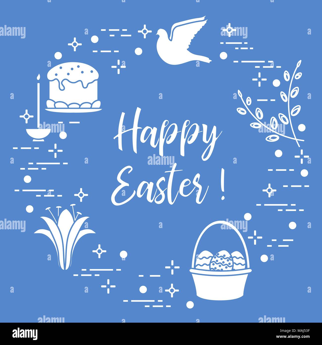 Easter symbols. Easter cake, willow branches, basket, eggs, lily ...