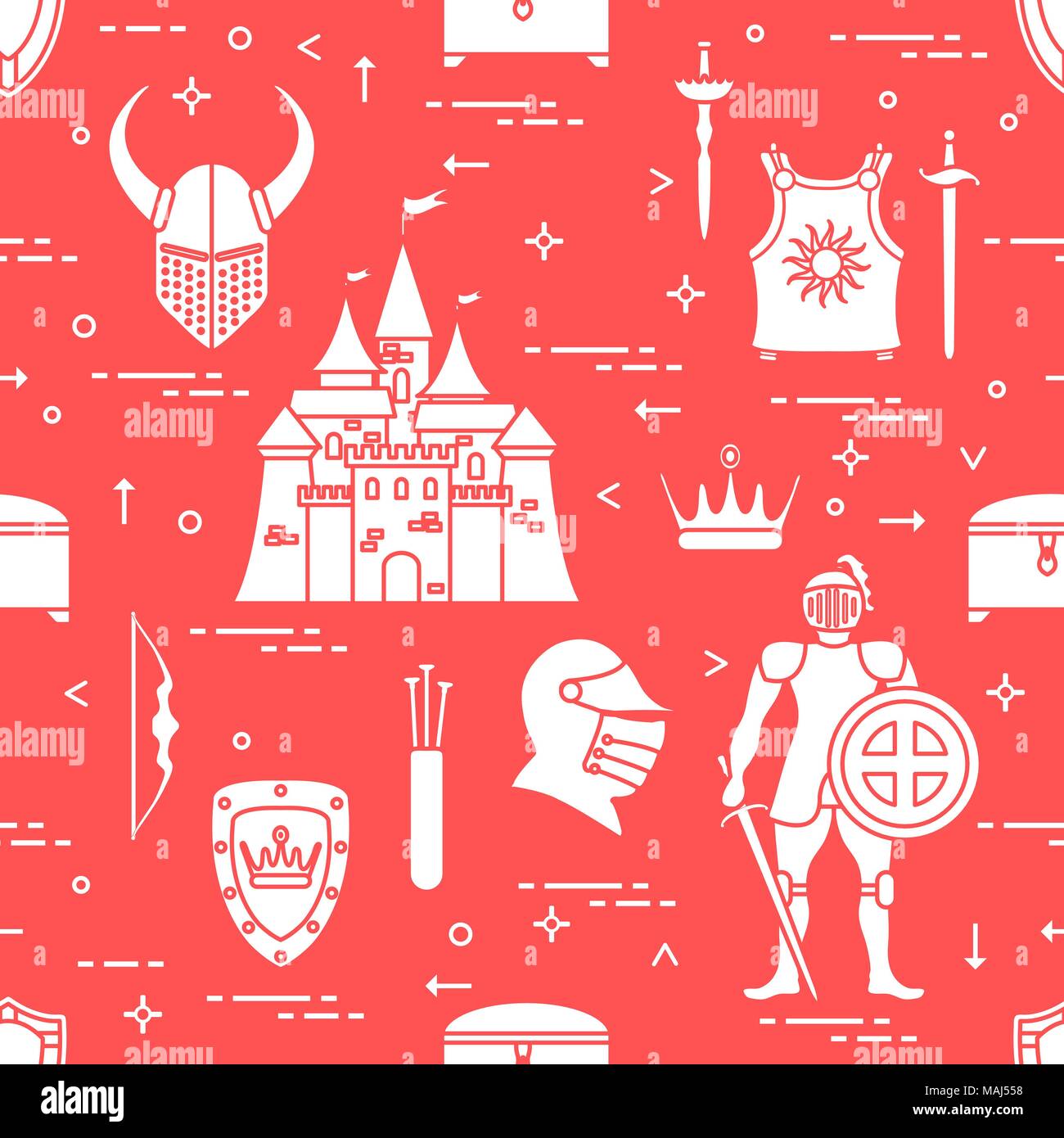 Seamless pattern with knight, castle, shields, swords, cuirass, helmet ...