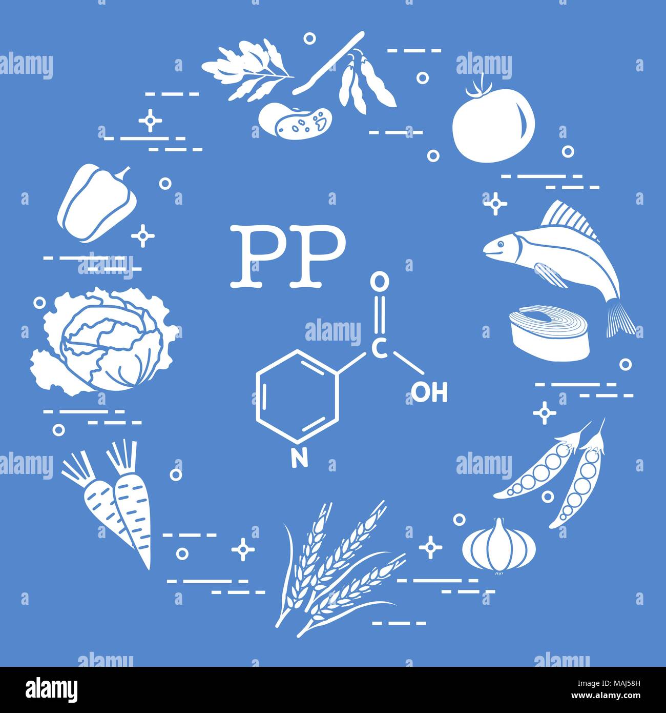 Foods rich in vitamin PP. Beans, fish, tomato, soya beans, peas, garlic ...