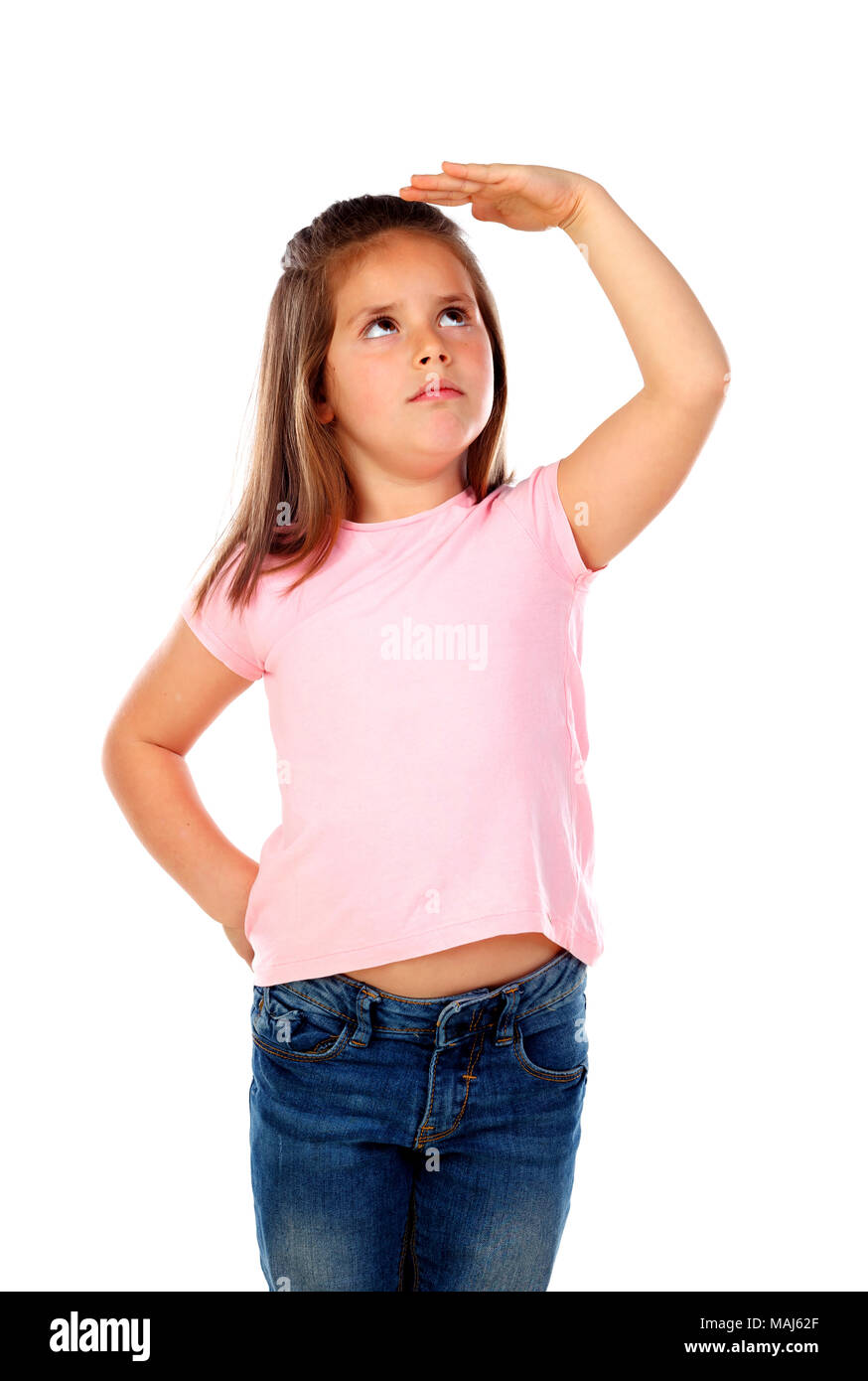 Happy girl showing her grouth. I´m very tall Stock Photo - Alamy