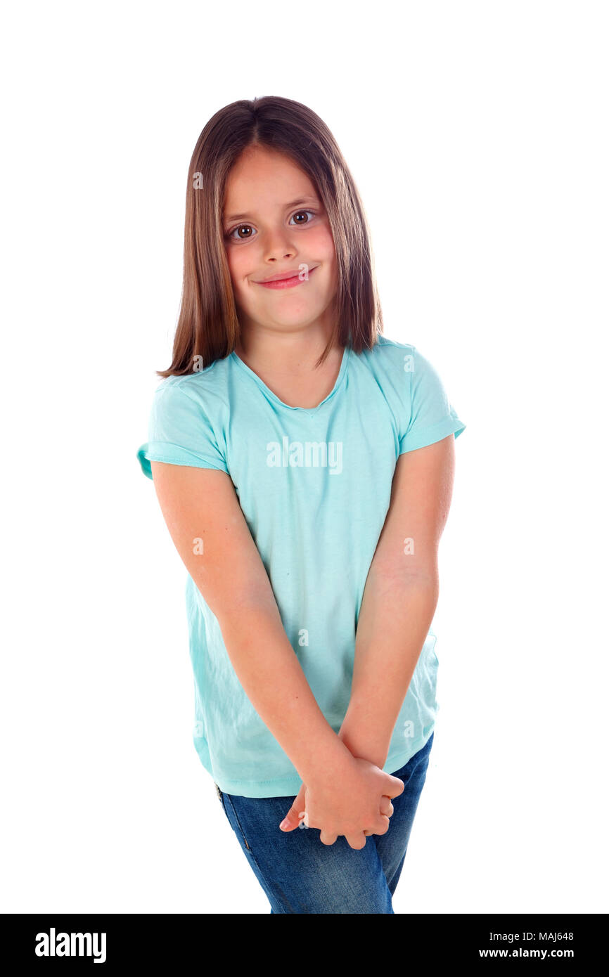 Shy girl smiling isolated on a white background Stock Photo - Alamy