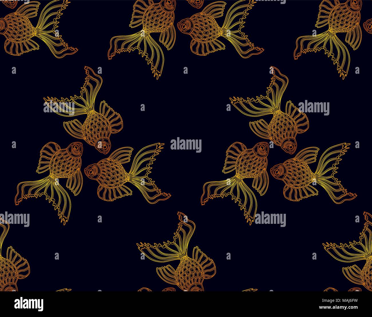 Vector seamless pattern from golden goldfish on dark background. Fish ...
