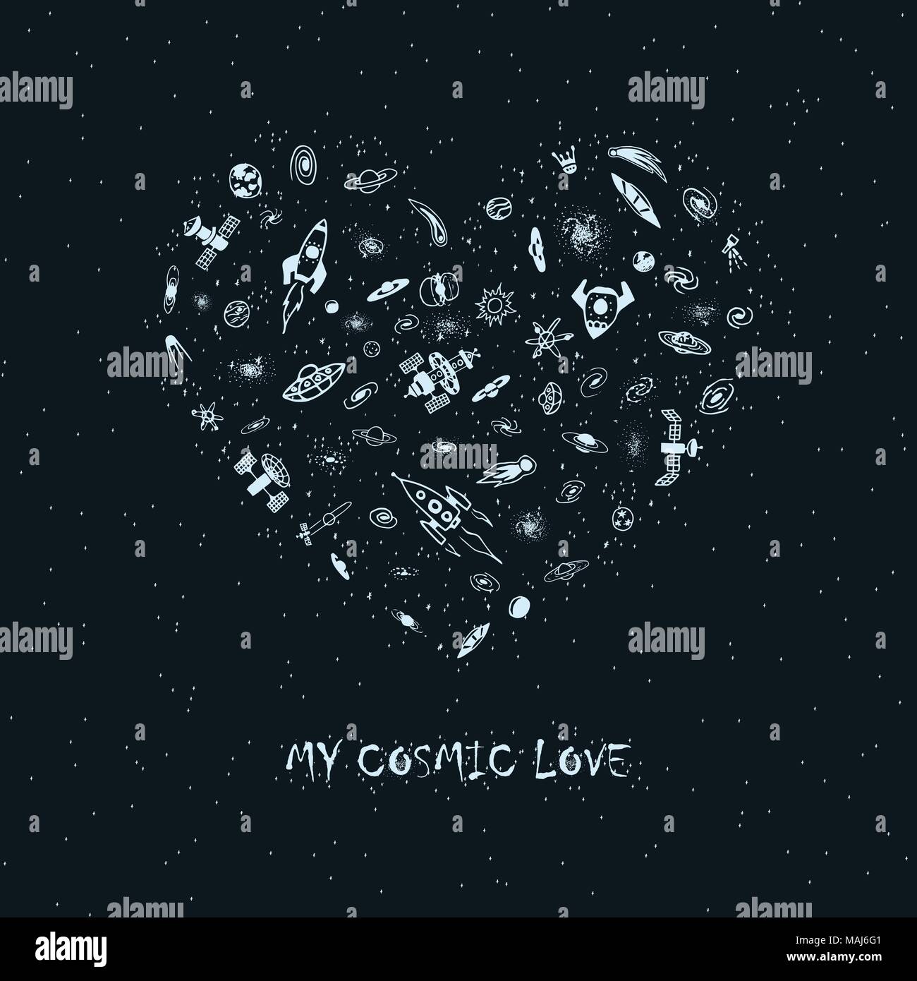 Vector invitation card with space object in heart shape. Magic heart ...