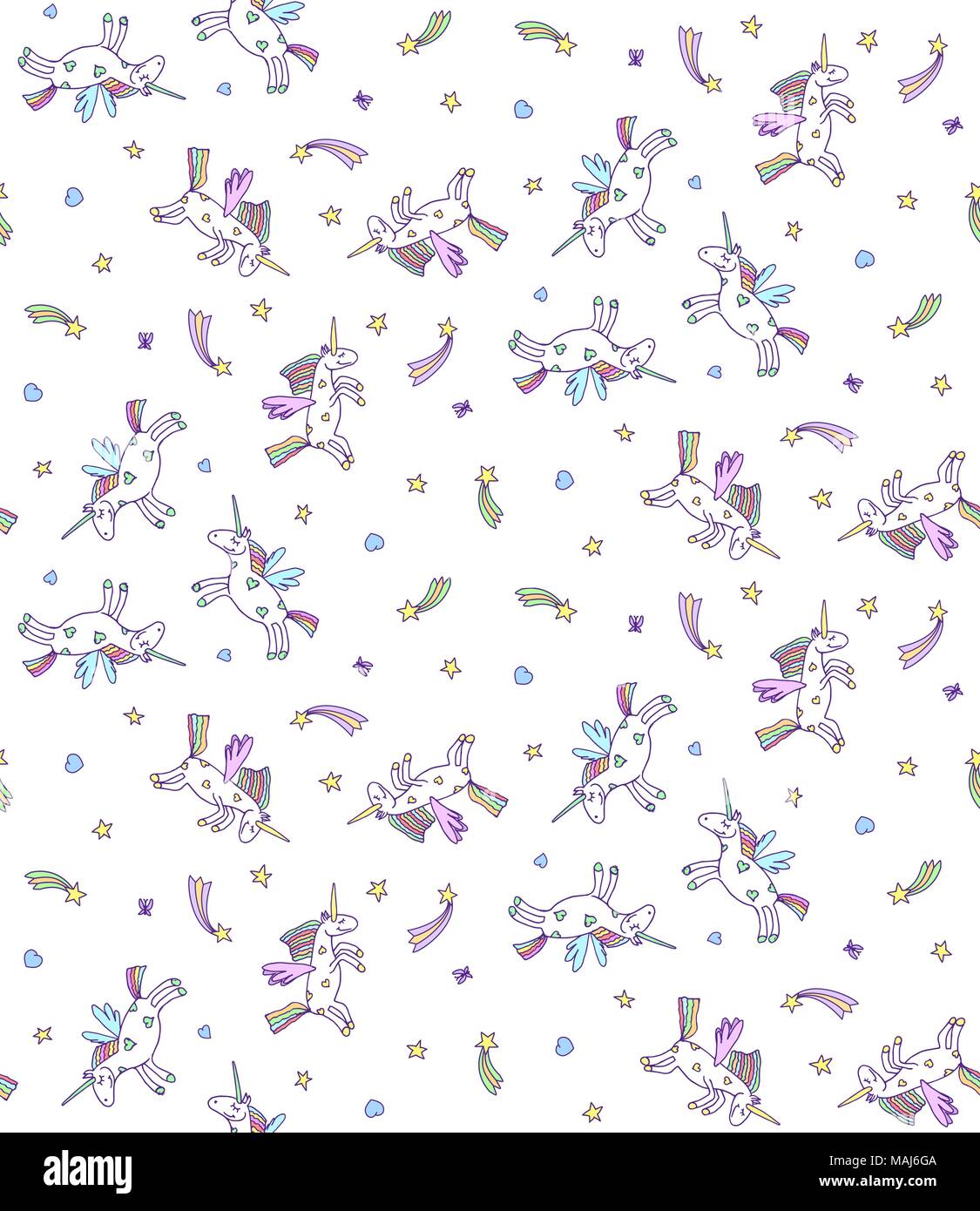 Vector seamless pattern of pastel unicorns on white background. Cartoon ...