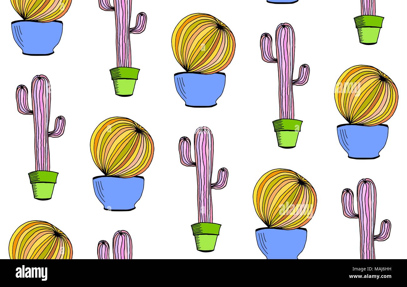Vector cactus background. Seamless pattern with cactus in pot. Cartoon ...