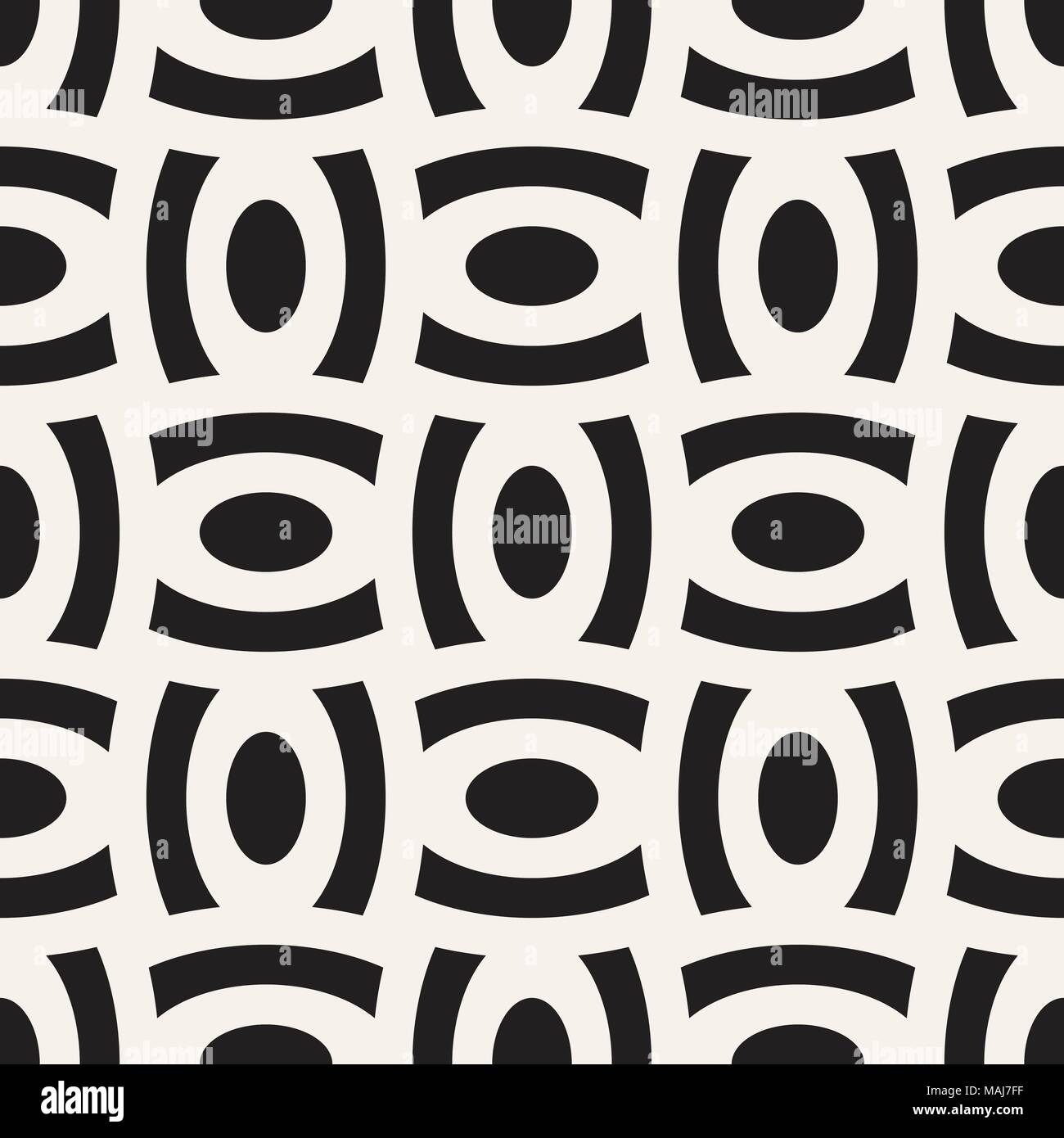 Vector geometric seamless pattern with curved shapes grid. Abstract monochrome rounded lattice ...